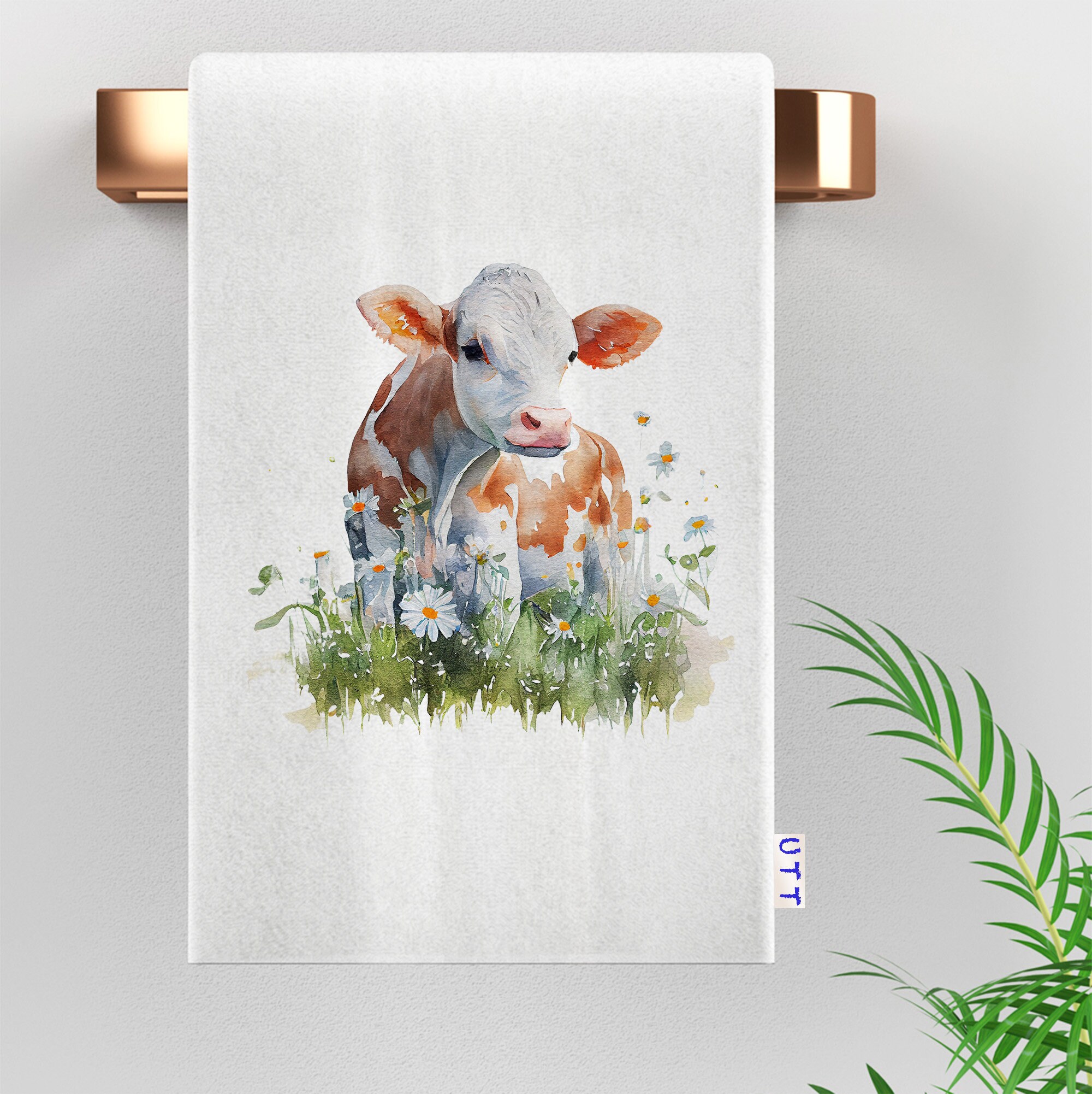 Cute Calf Designed Tea Towel|calves in Daisy Garden Hand Towelbrown Cow ...