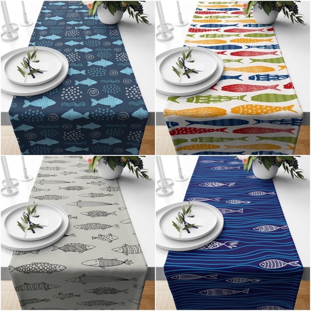 Beach House Table Runner|swimming Fish Tabletop|hand Sketched Fish ...