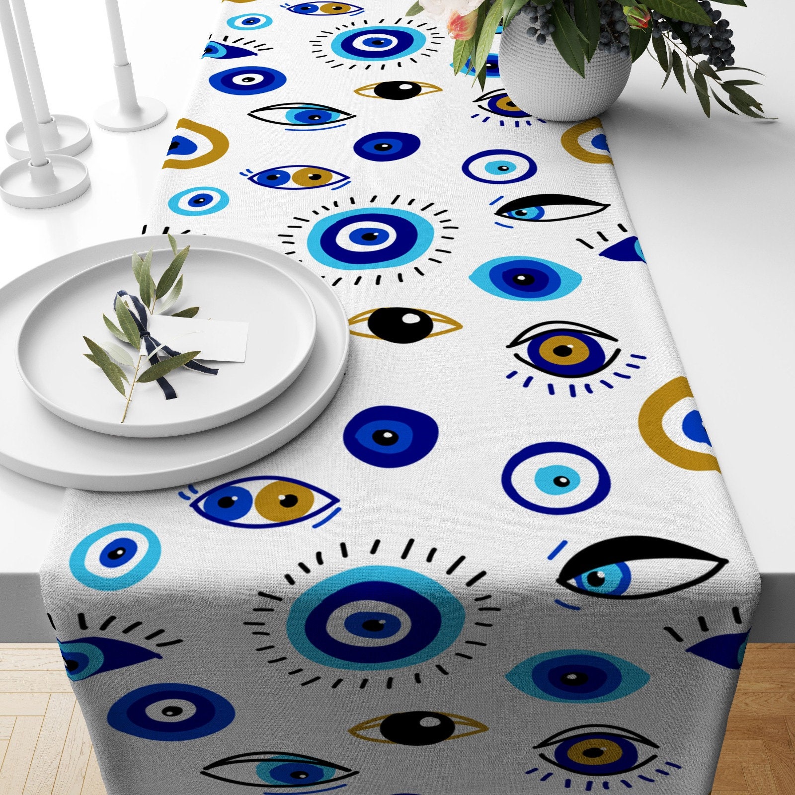 Peacock Feather Decorated Table Runner|evil Eye Beads Covered Tabletop ...