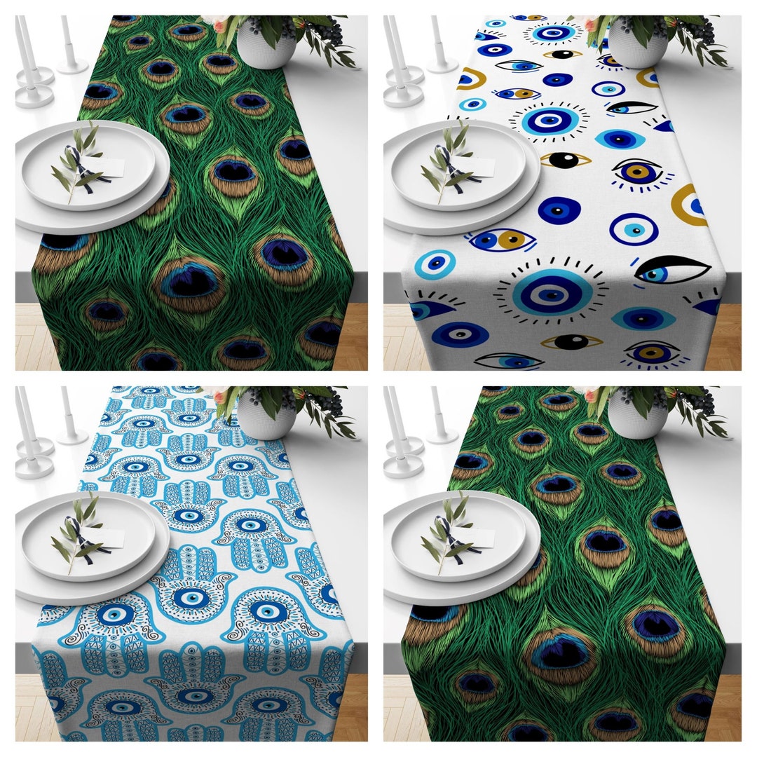 Peacock Feather Decorated Table Runner|evil Eye Beads Covered Tabletop ...
