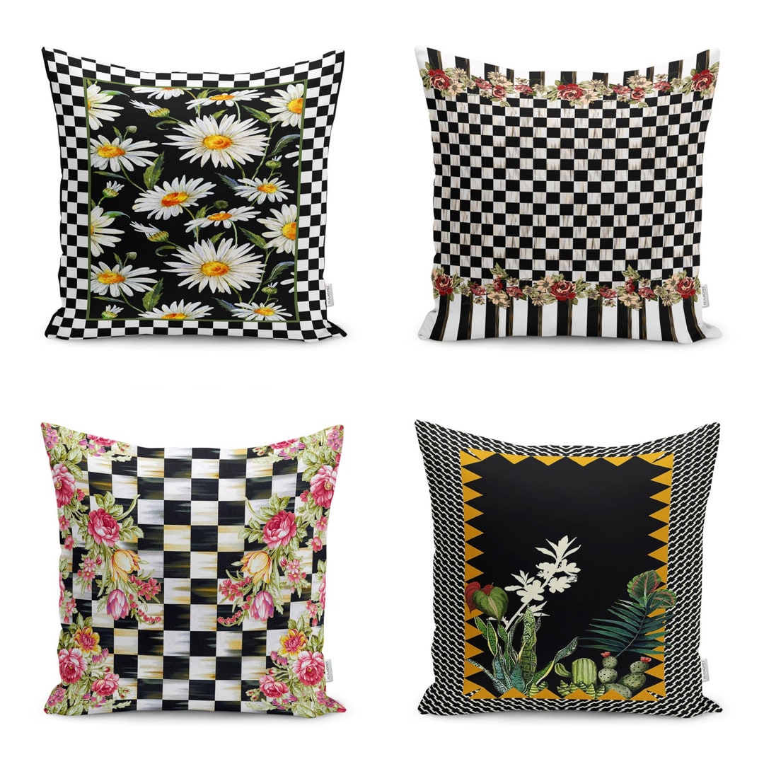 Checkerboard Pattern Floral Pillow Cover|daisies Design Cushion Case ...
