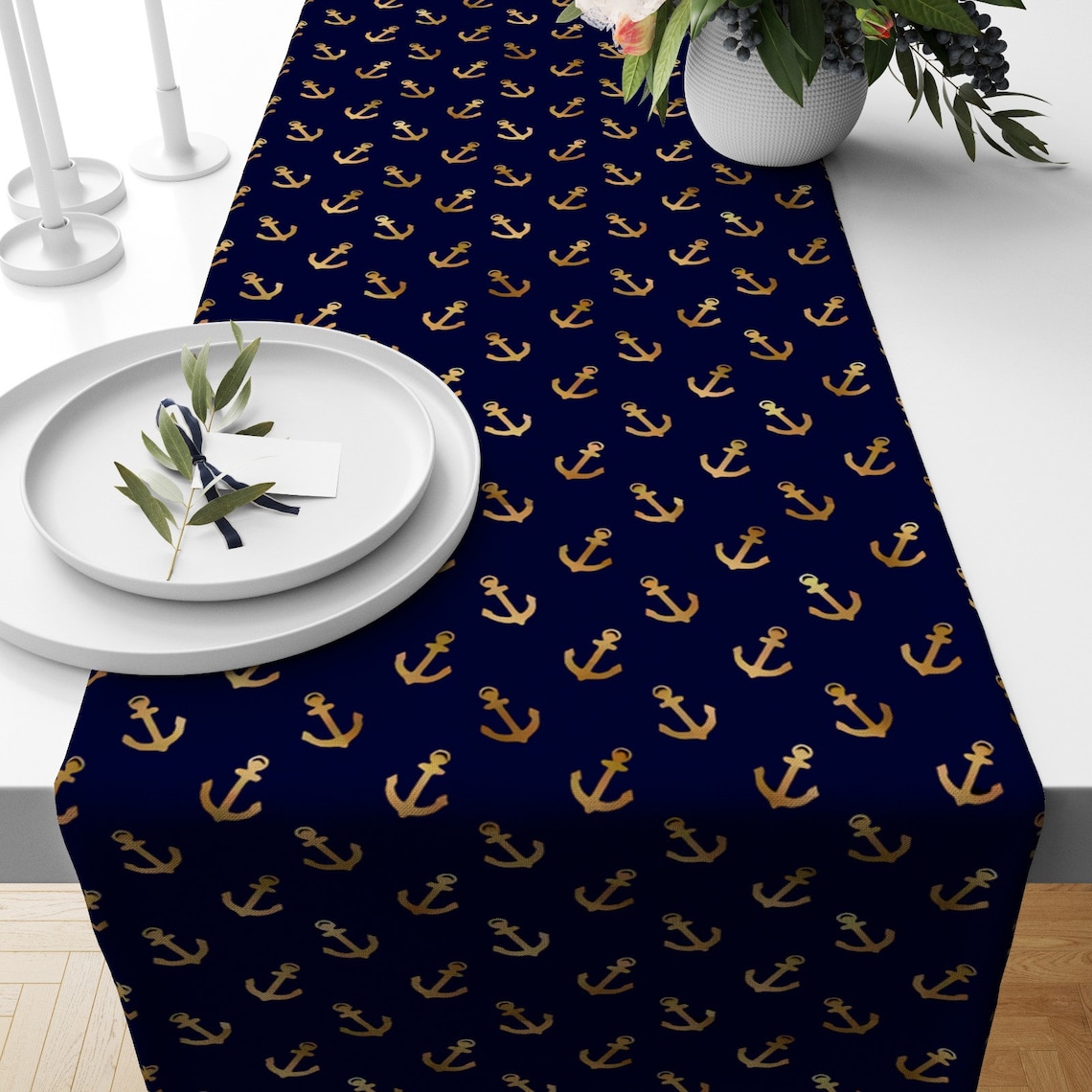 Nautical Table Runner|anchors Covered Navy Concept Tabletop|indigo ...