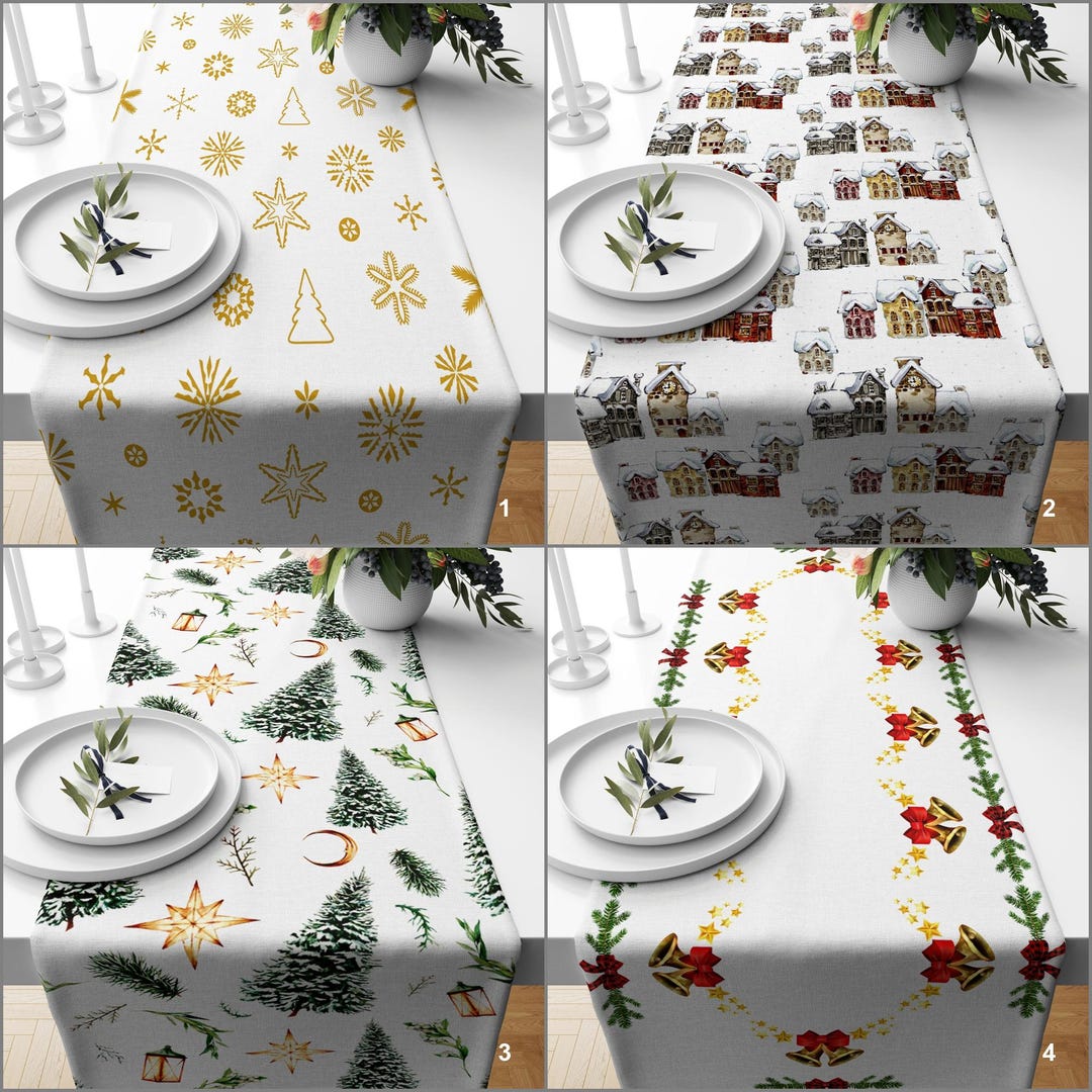 Christmas Table Runner|gold Icons Tablecloth|snowy Village Xmas Table ...