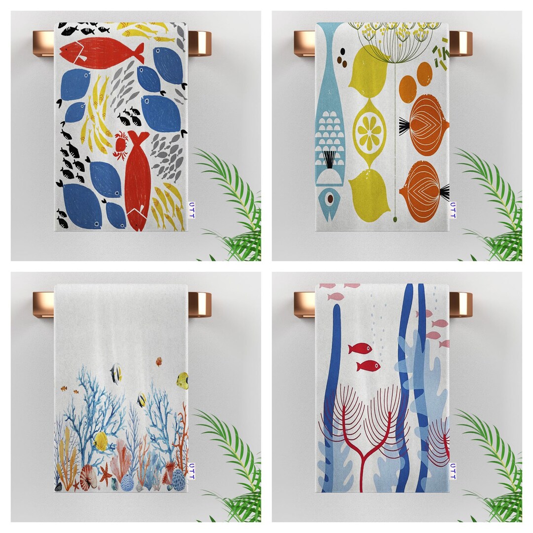 School of Fish Tea Towel|under Sea Decor Dishcloth|coastal Hand Towel ...