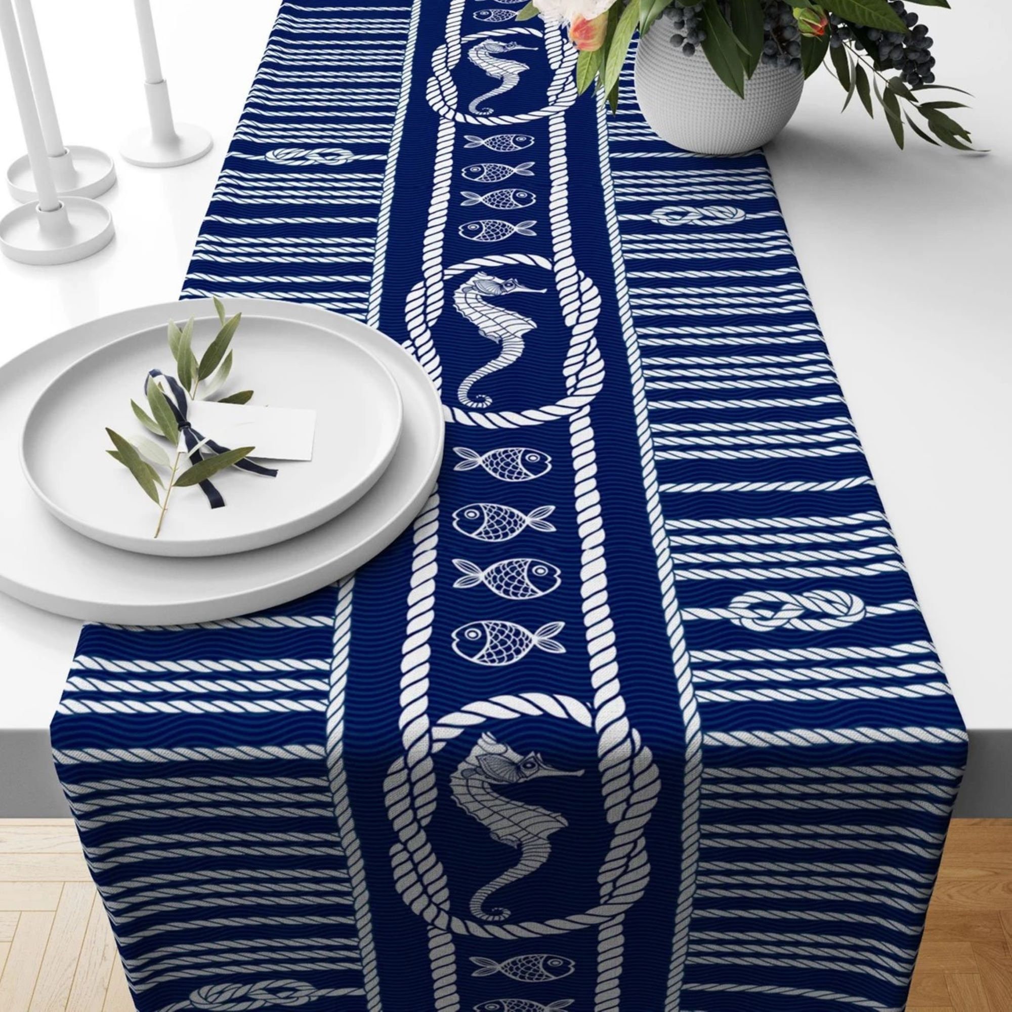 Nautical Table Runner|navy Blue & White Wheel, Anchor Tabletop|sailor's ...