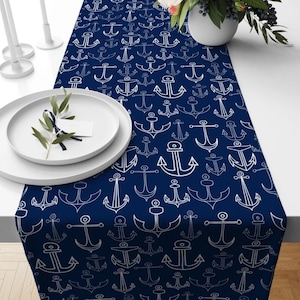 Nautical Table Runner|navy Blue & White Wheel, Anchor Tabletop|sailor's ...