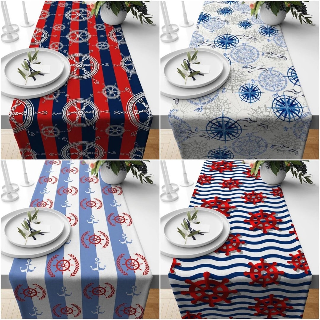 Nautical Table Runner|striped Design Wheel & Compass Tabletop|navy ...