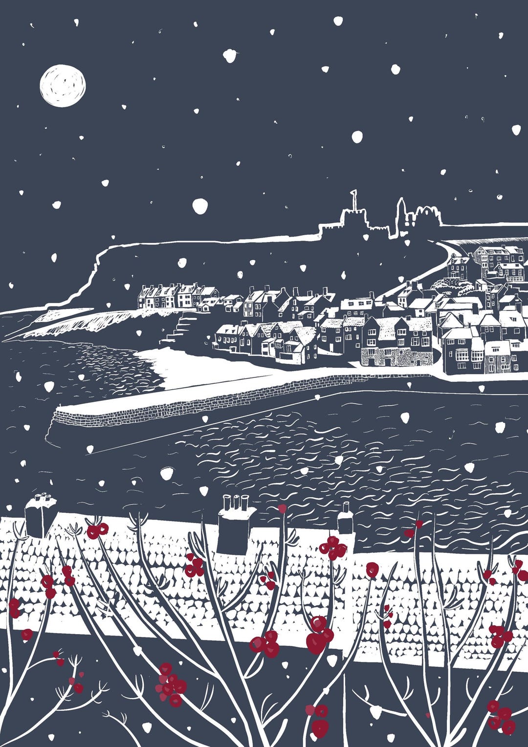 Digital Download, Print, Poster Art, Snowy Moonlit Whitby, Linocut ...