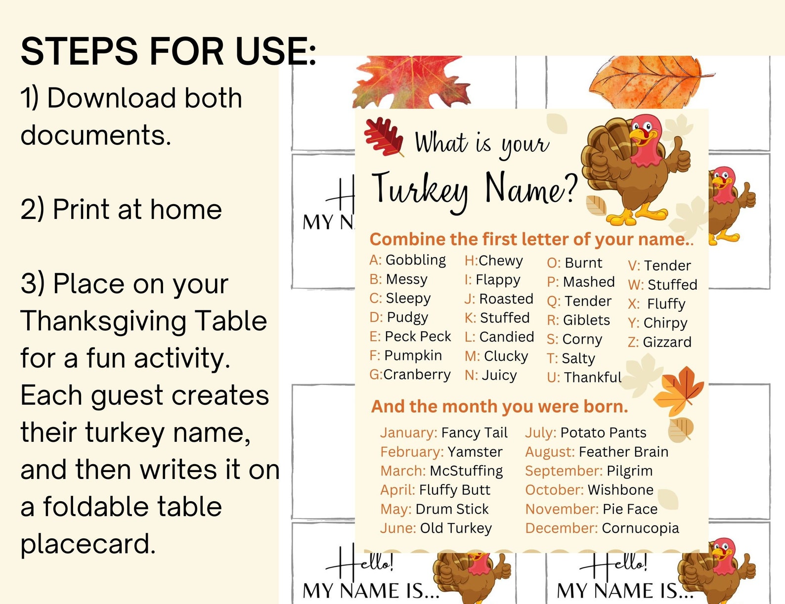Turkey Name Game, Thanksgiving Name Tag Game, Fun Thanksgiving Party ...