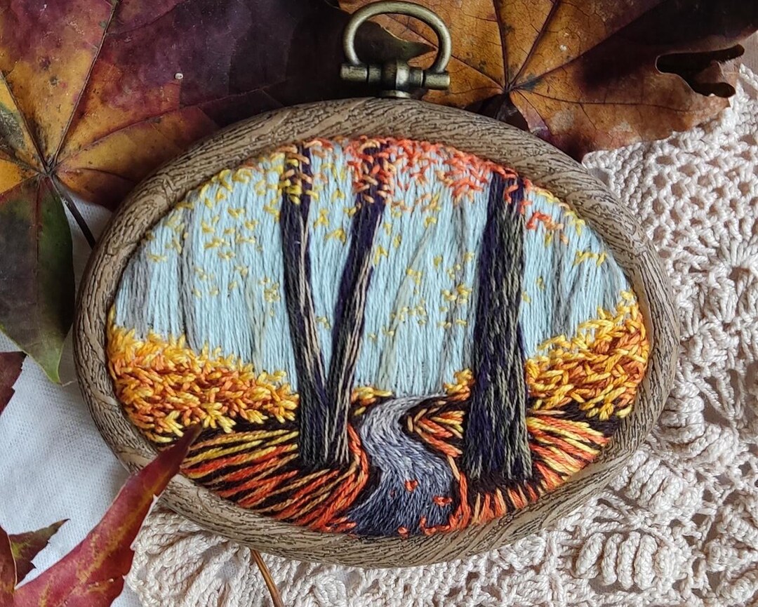 Hand-embroidered Autumn Path – A Walk Through Golden Leaves, Thread ...