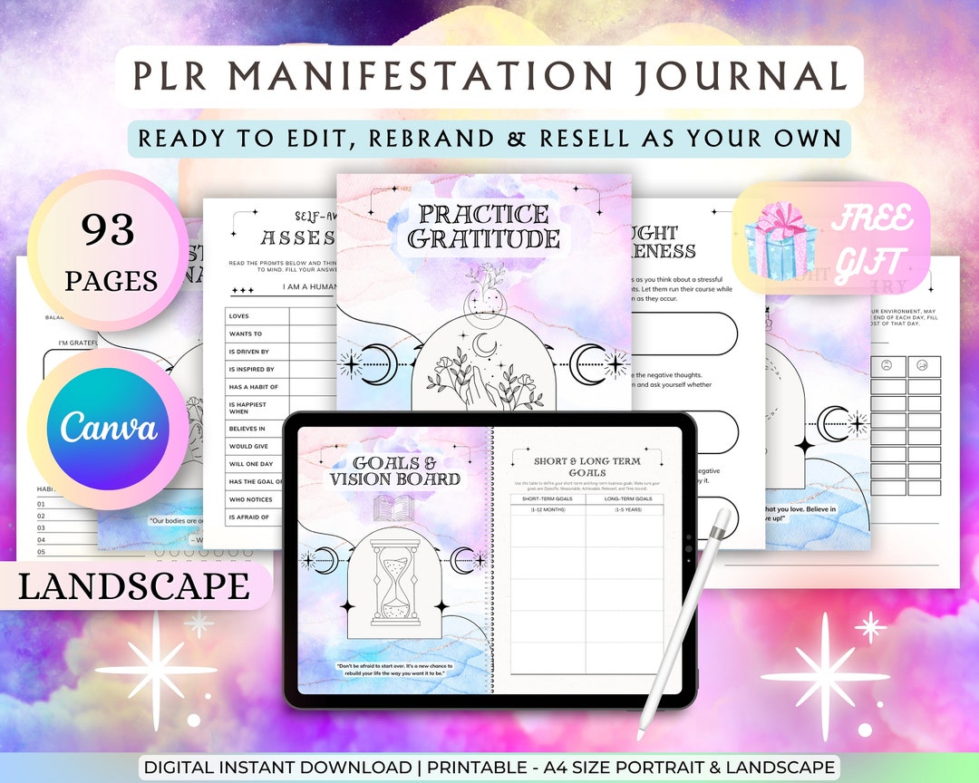 PLR Manifestation Journal | 369 Guided Manifestation | Master Resell Rights | Editable Canva ...