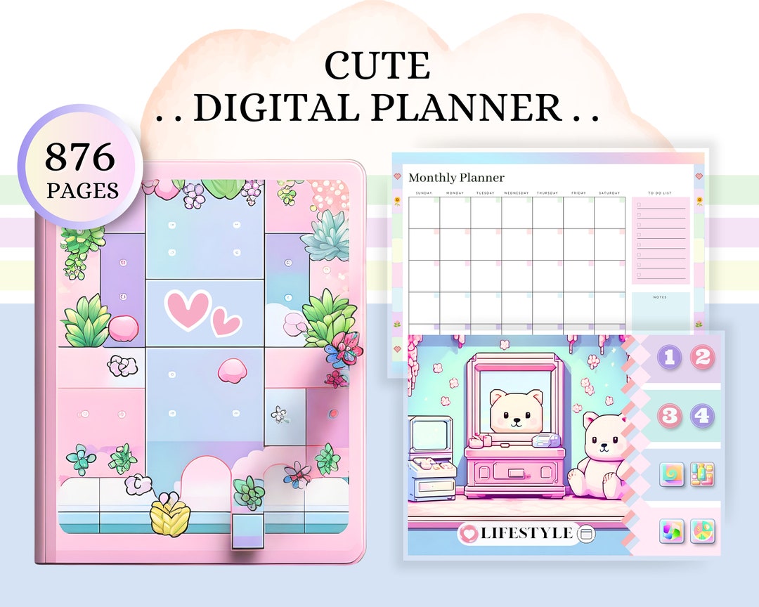 Undated Kawaii Daily Digital Planner/ Cute Digital Planner/ Kawaii ...