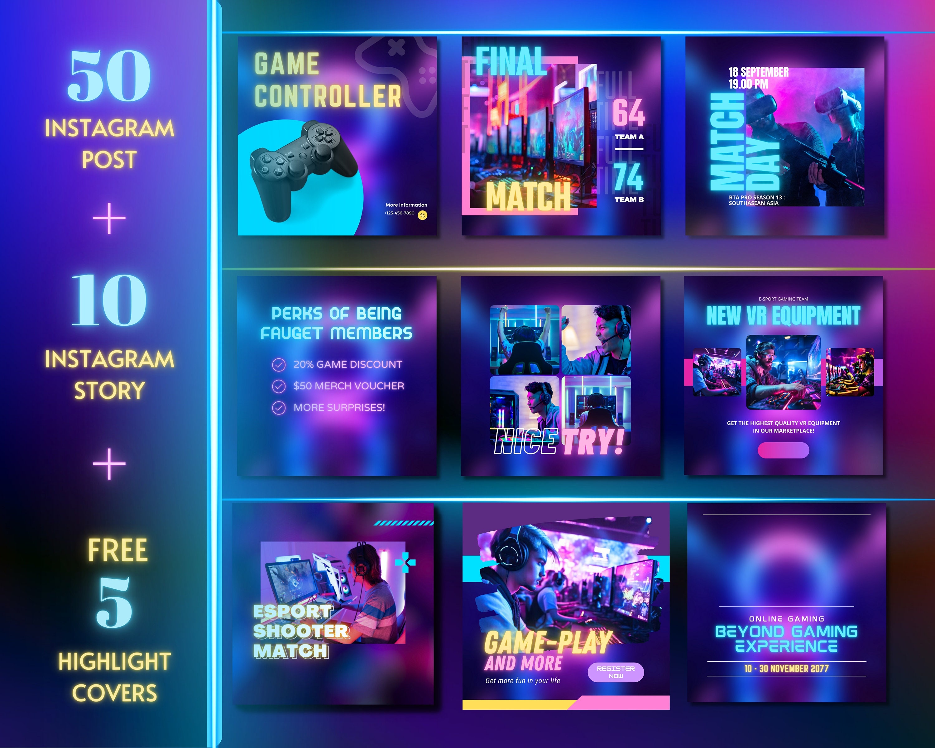 50 Neon Gaming Instagram Templates Canva | Esports Streamer Gamer ...