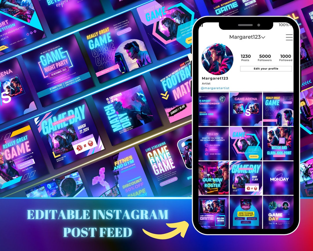 Neon Gaming Instagram Templates | Editable Canva Posts for Streamers ...