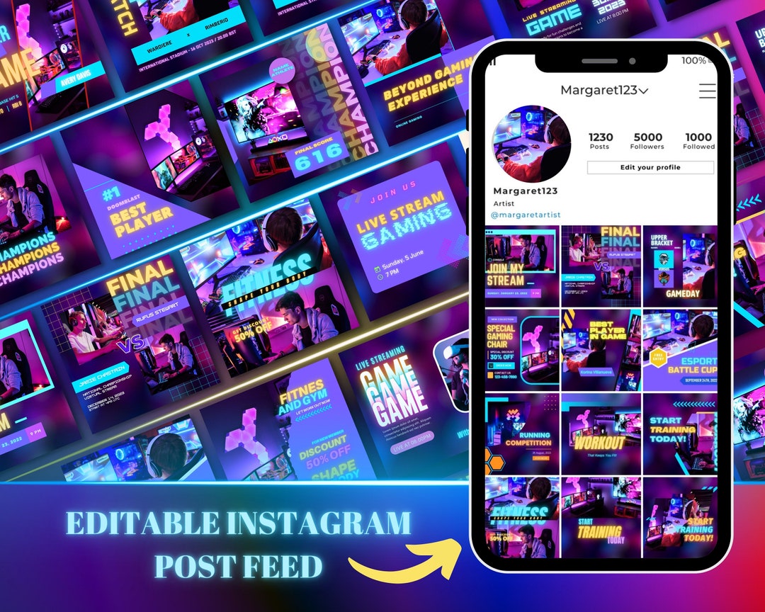 Instagram Post Templates for Gamers | Neon Canva Editable | Social ...