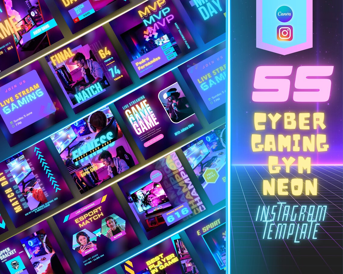 55 Gaming Instagram Post Templates Canva | Neon Esports Streamer Twitch ...