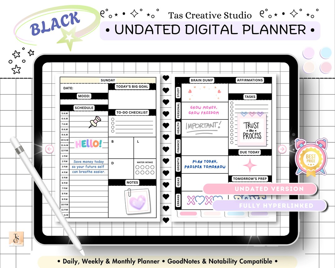 Black White Digital Planner Goodnotes Notability | Undated Hyperlinked ...