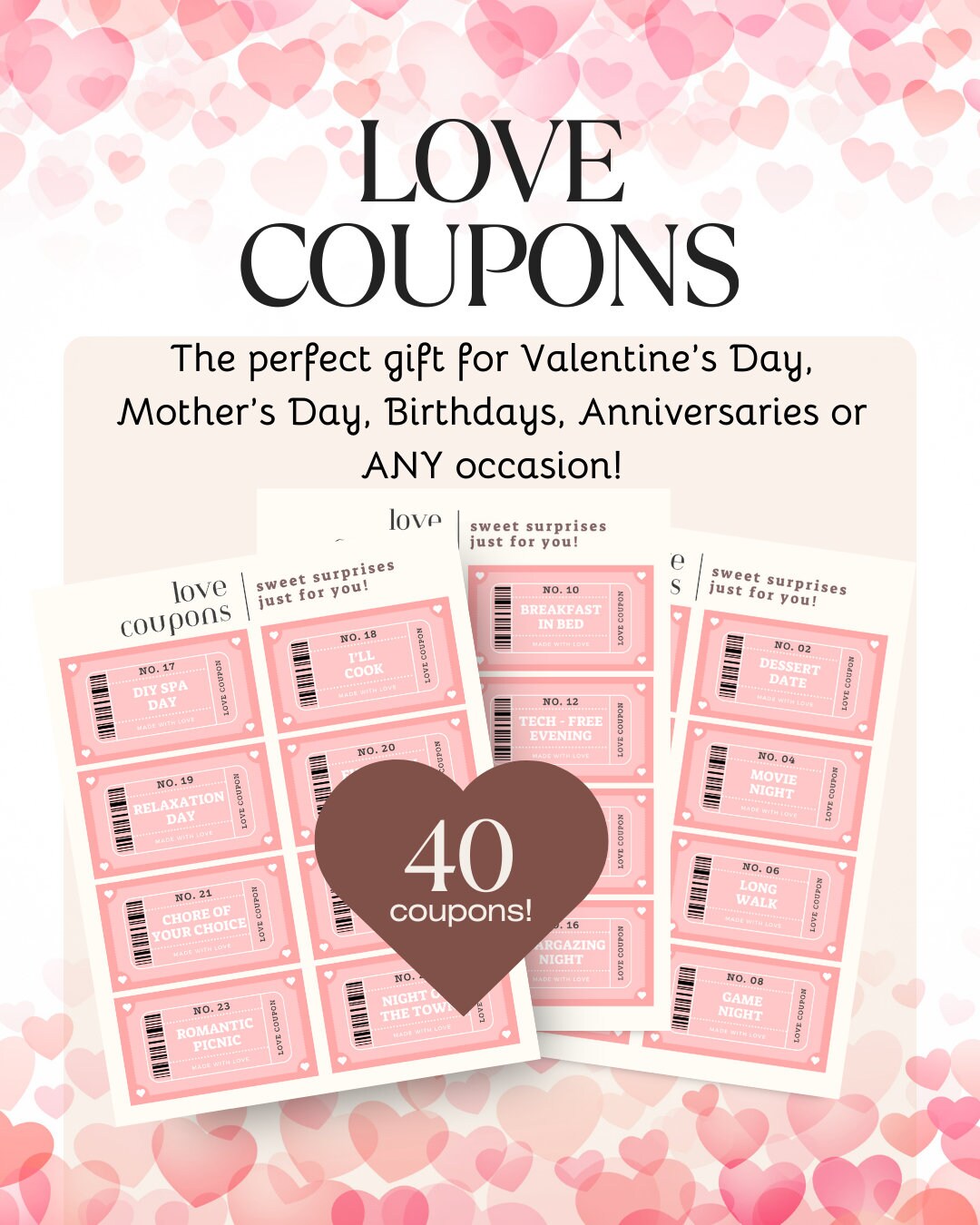 Printable Love Coupons: 40 Coupons for Valentine's Day, Mother's Day ...