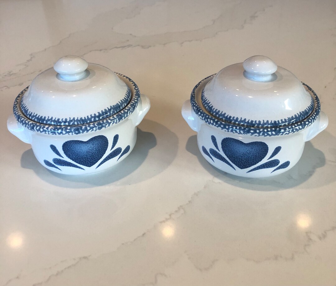 Vintage Corelle Stoneware Blue Heart Design Covered Soup Crock, Set of ...