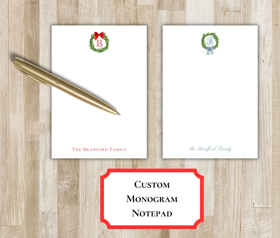Holiday Wreath & Bow Notepad | Monogram Christmas Notepad | Family Xmas ...