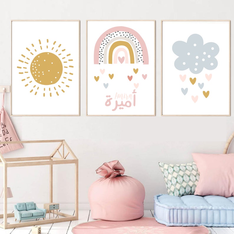 Personalised Islamic Nursery Prints Set of 3, Arabic Name Print ...