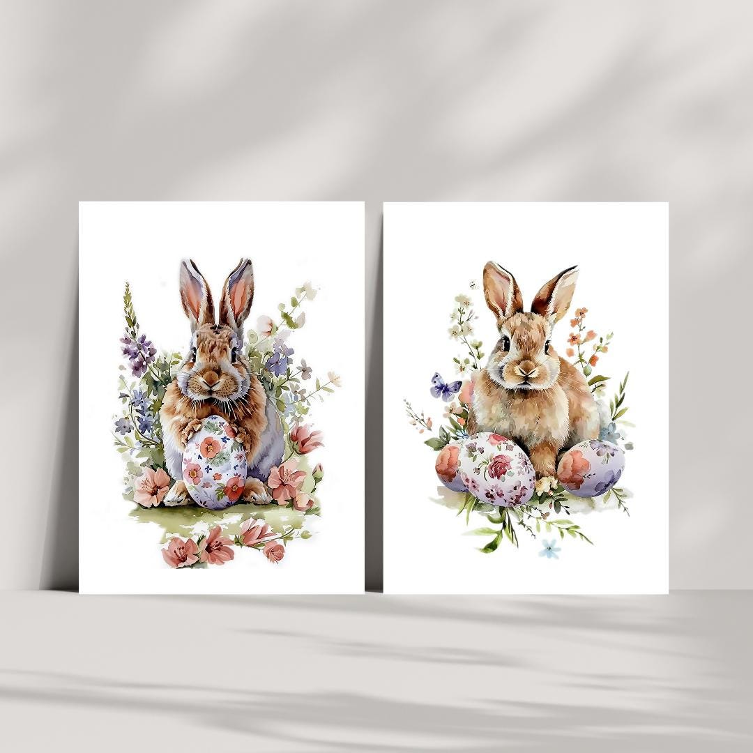 Set of 2 Easter Bunny Prints, Cute Bunny Nursery Decor, Easter Eggs ...