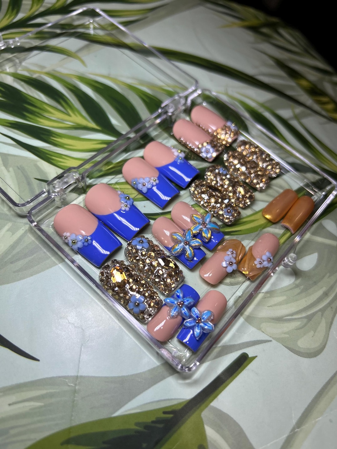 Blue French Tip Nails | Square Blue Nails | 3d Flowers / Blue Nails ...