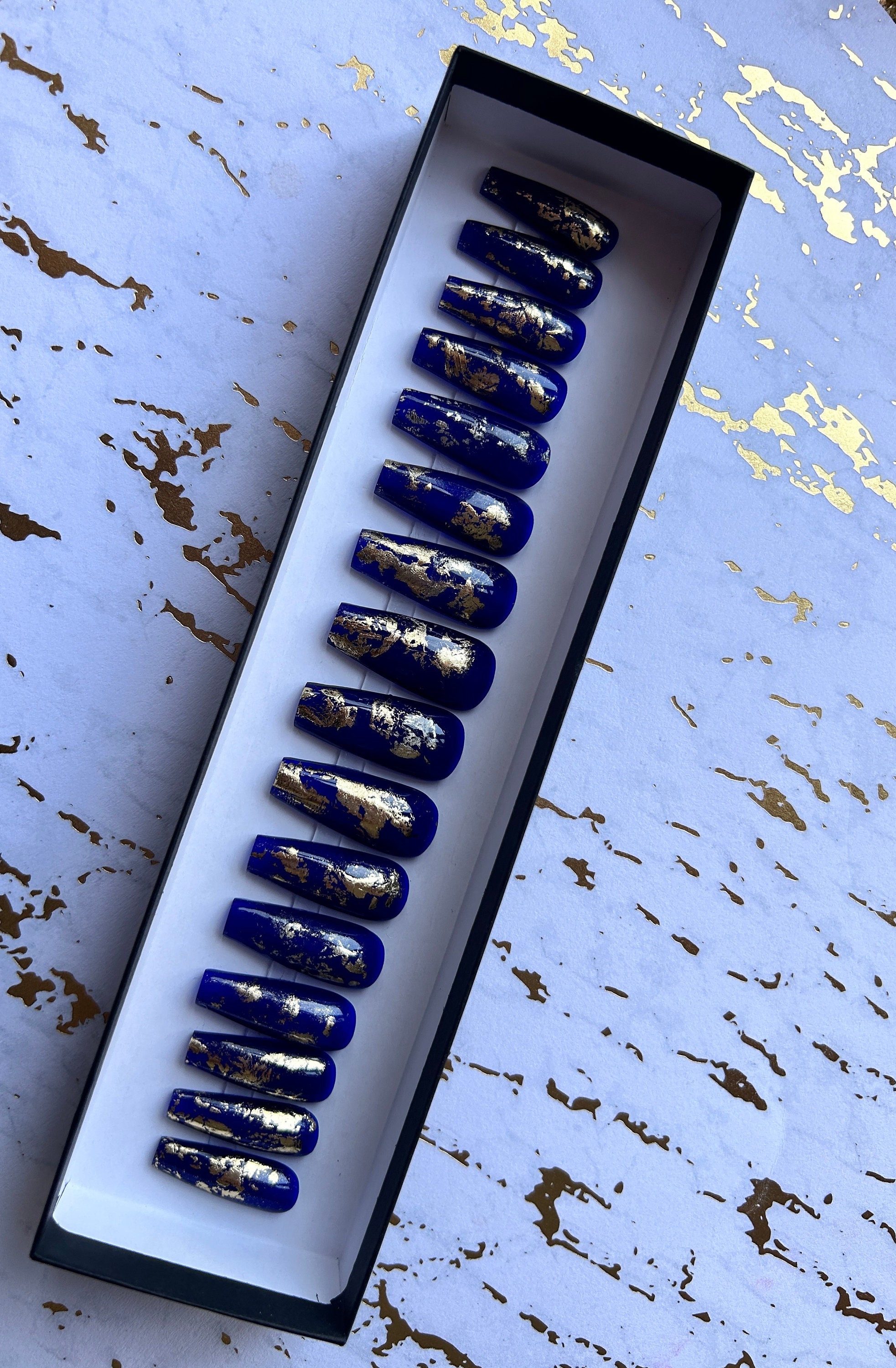 Royal Blue Press on Nails: Long Coffin Gold Foil - Etsy