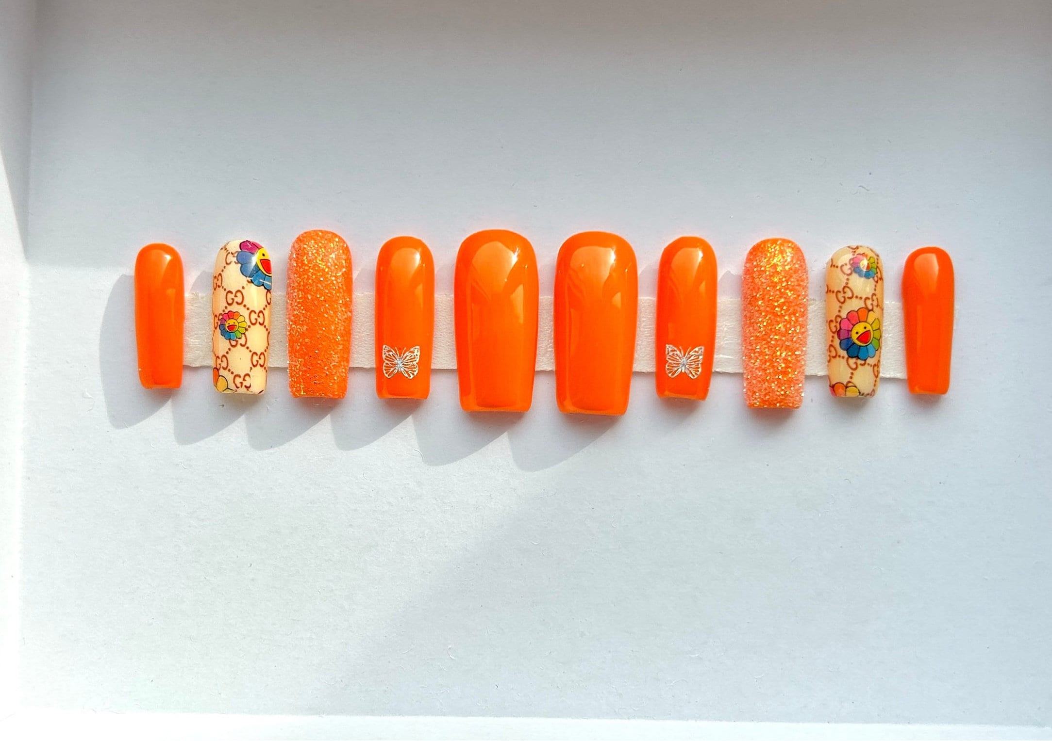 Neon Orange Square Nails Daisy Flower Nails Press on Nails Summer Nails ...
