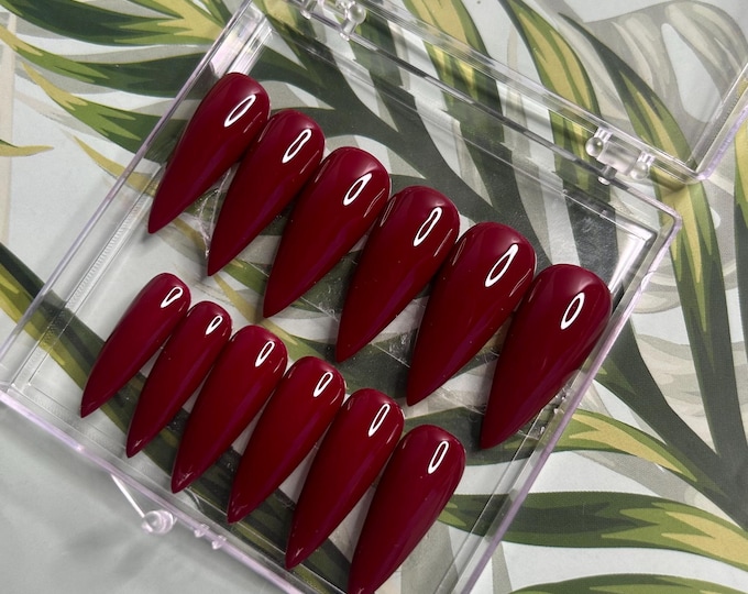 Blood Red Nails | Dark Red Nails | Stiletto Press on Nails | Long Red ...