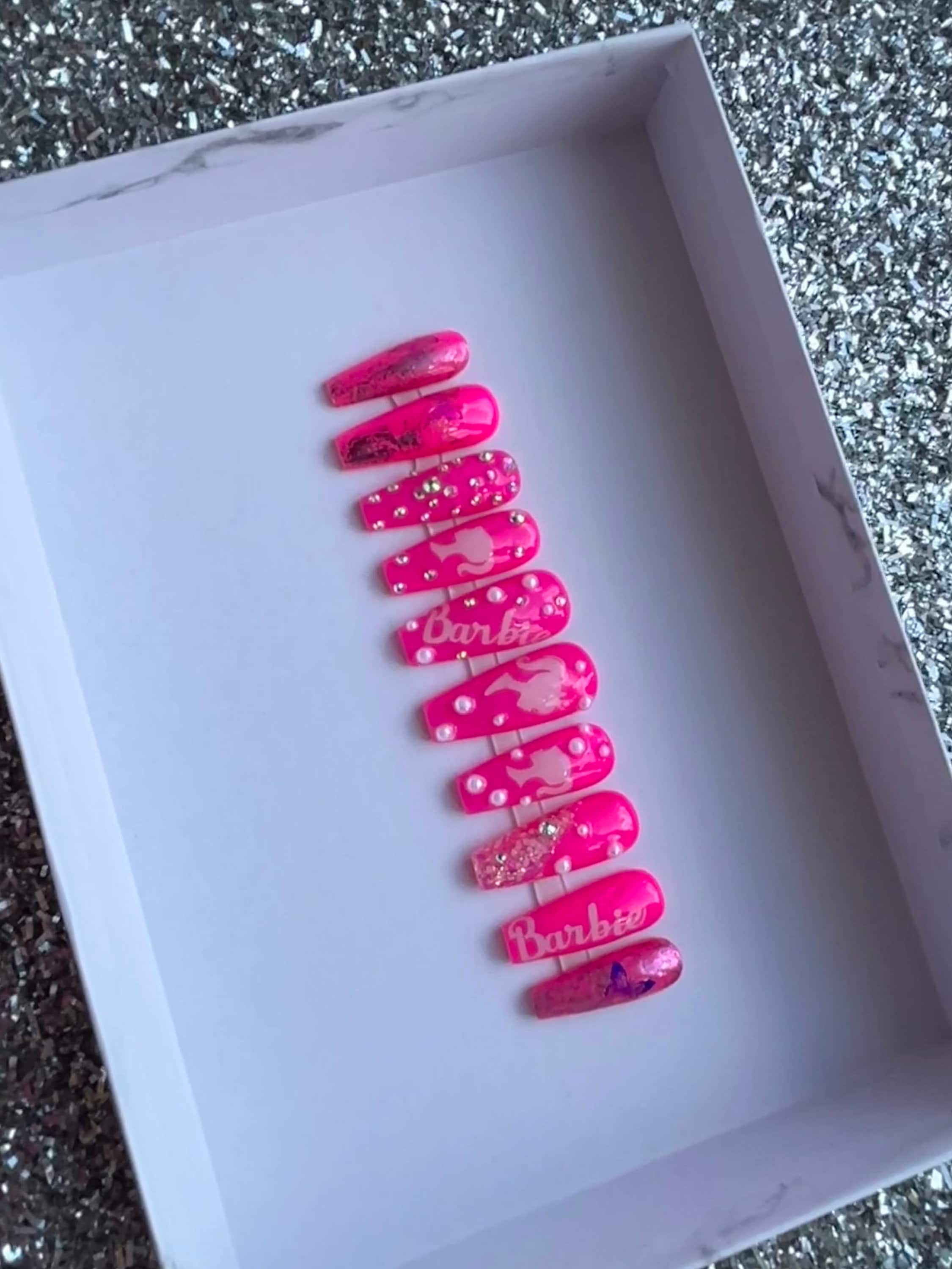 Barbie Bling Pink Coffin Press-on Nails Barbie-inspired Pink Coffin ...
