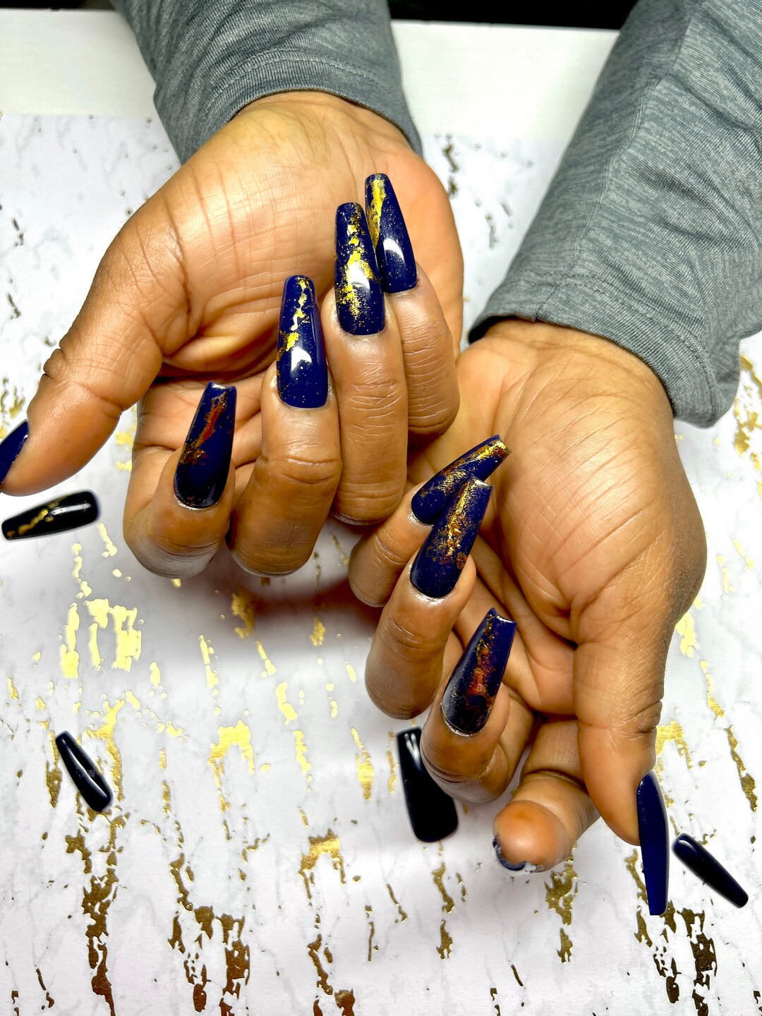 Royal Blue Press on Nails: Long Coffin Gold Foil - Etsy