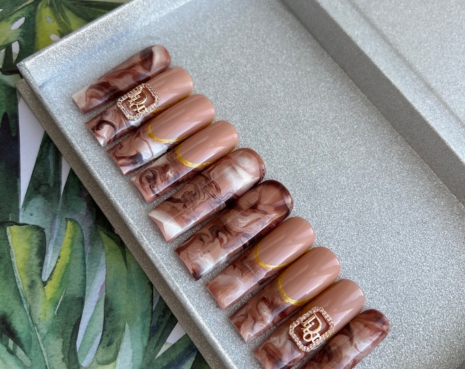 Chocolate Brown Marble Press on Nails |coffee Nails | Brown Marble ...