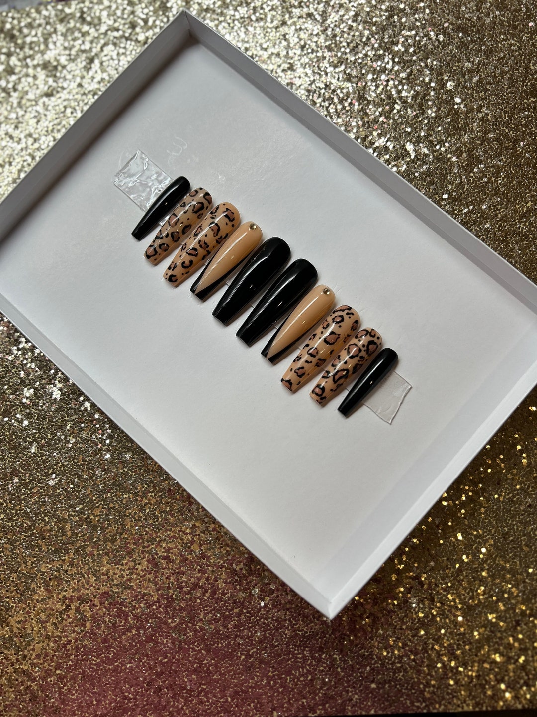 Black French Tip Press on Nails | Cheetah Nude Coffin Press Ons | Xl ...
