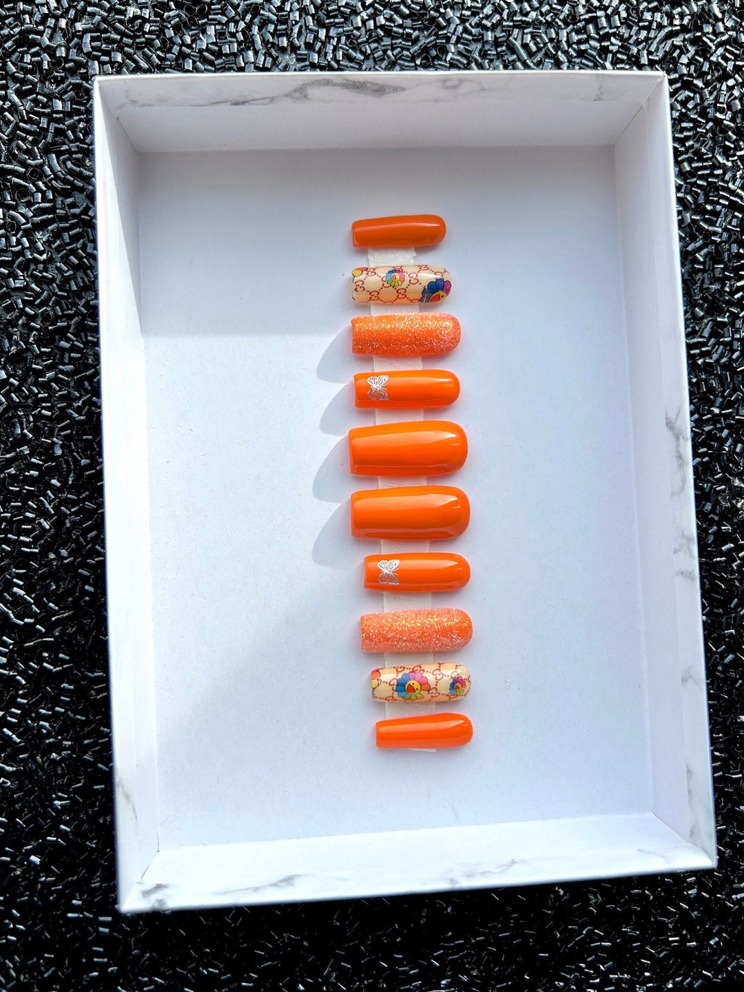 Neon Orange Square Nails Daisy Flower Nails Press on Nails Summer Nails ...