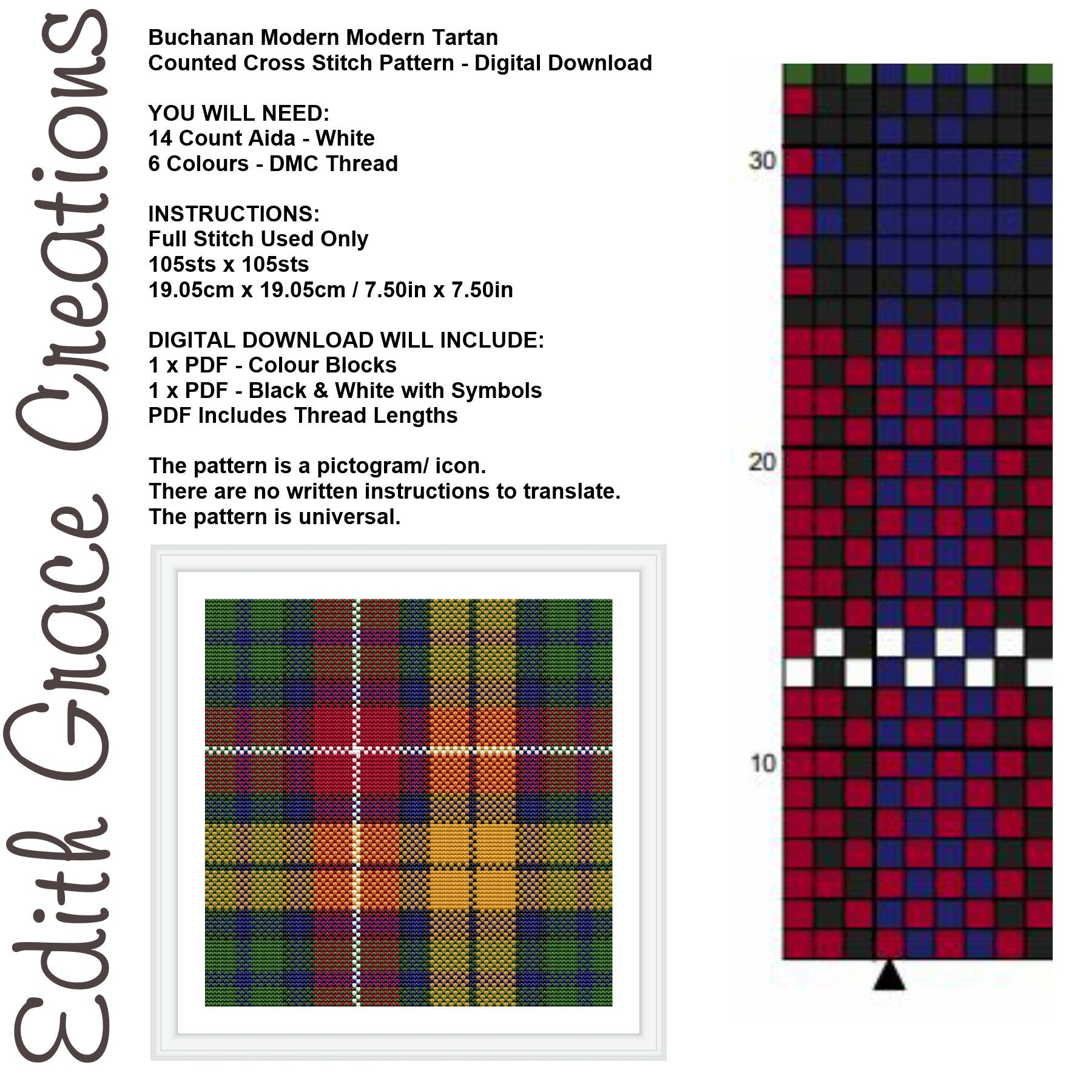 Buchanan Modern Tartan Cross Stitch Pattern, Tartan Embroidery, Home ...