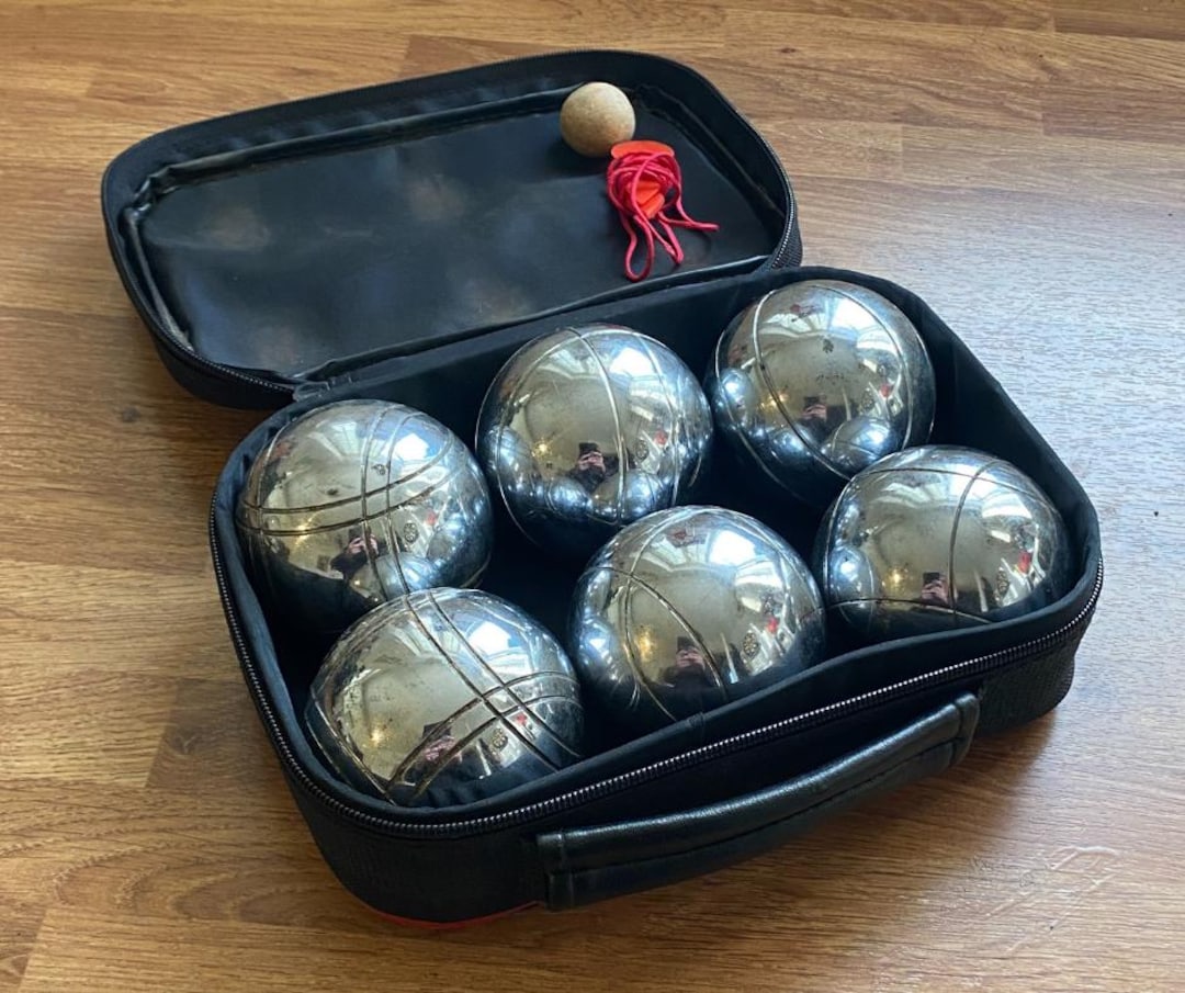 Vintage French Boules Set 6 Metal Boules Jack Measure Markers in Carry ...