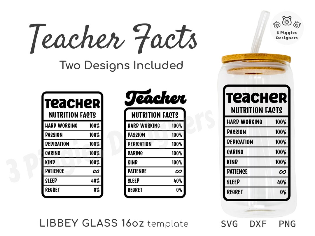 Teacher Nutrition Facts Libbey 16oz Glass Can Wrap Svg Png - Etsy