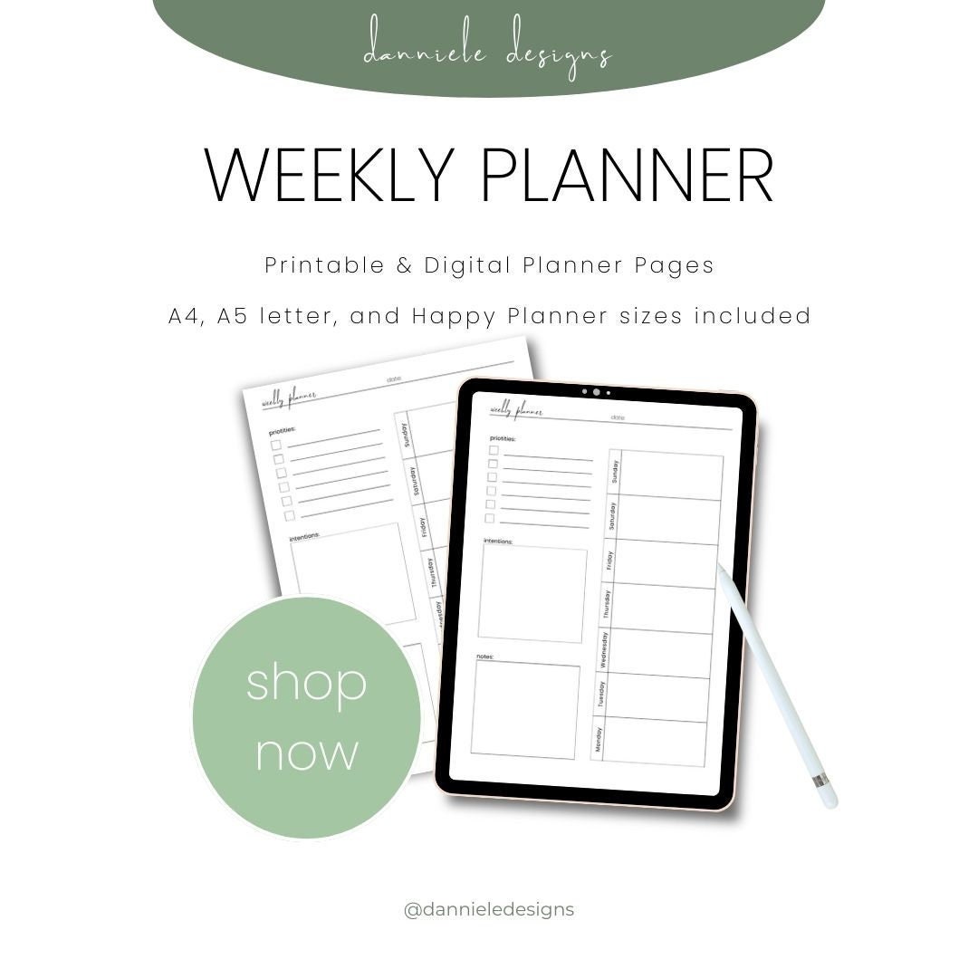One-page WEEKLY PLANNER in 4 Sizes (A4, A5, Letter, Happy Planner ...