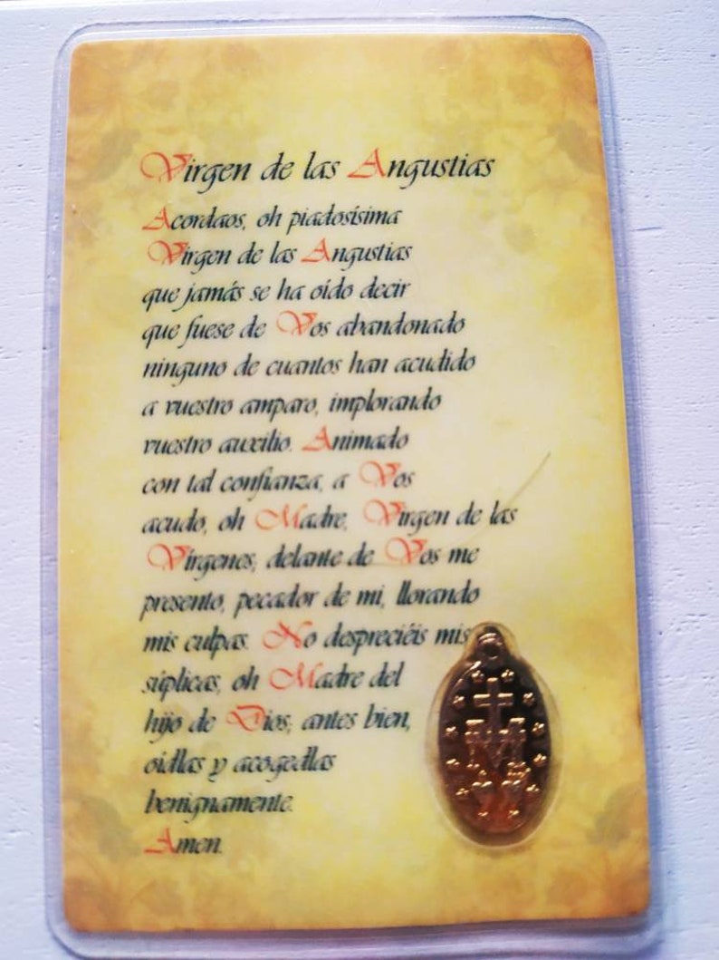 VIRGIN OF ANGUISH PRINT With Prayer and Medal, Laminated Print Patron ...