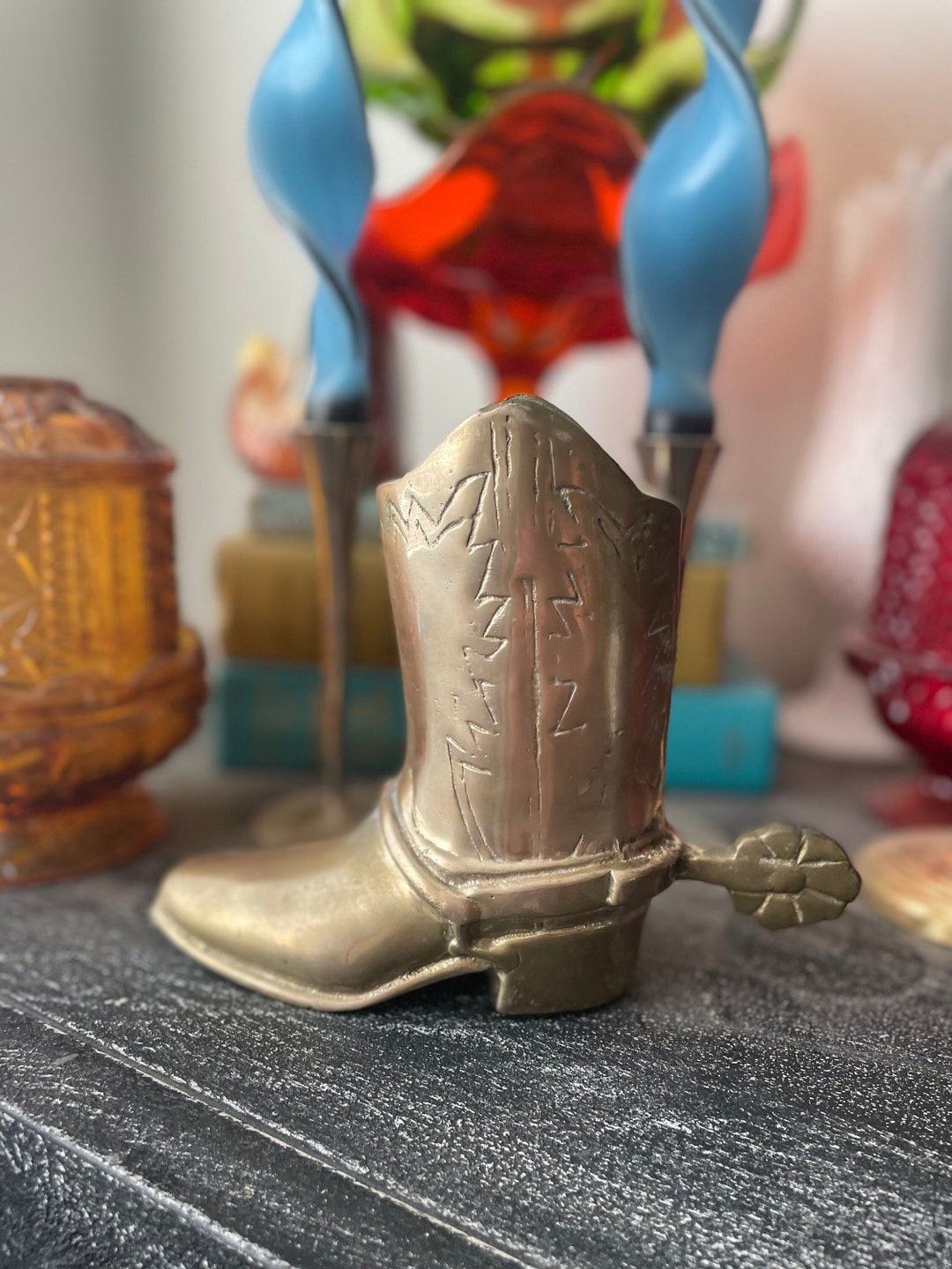Vintage Solid Brass Large Cowboy Boot With Spur Vase - Etsy