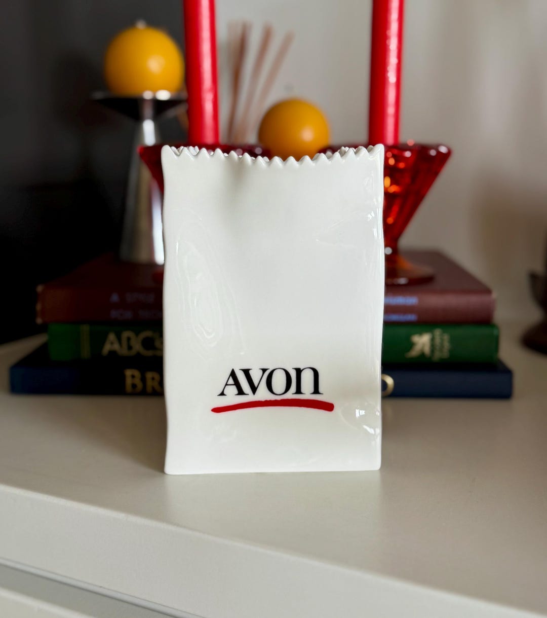Vintage Avon 100 Year Celebration White Ceramic Paper Bag Flower Vase ...