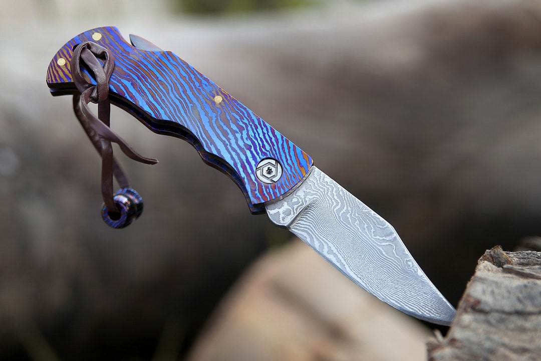 Timascus Folding Knife Hand Forged With Leather Sheath Gift for Her ...
