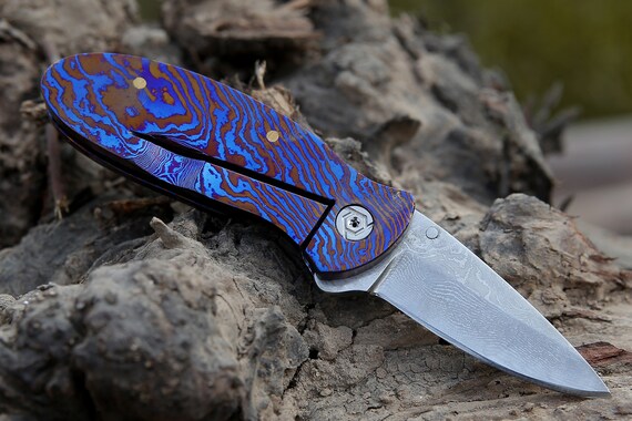 Timascus Folding Knife Hand Forged With Leather Sheath Gift - Etsy