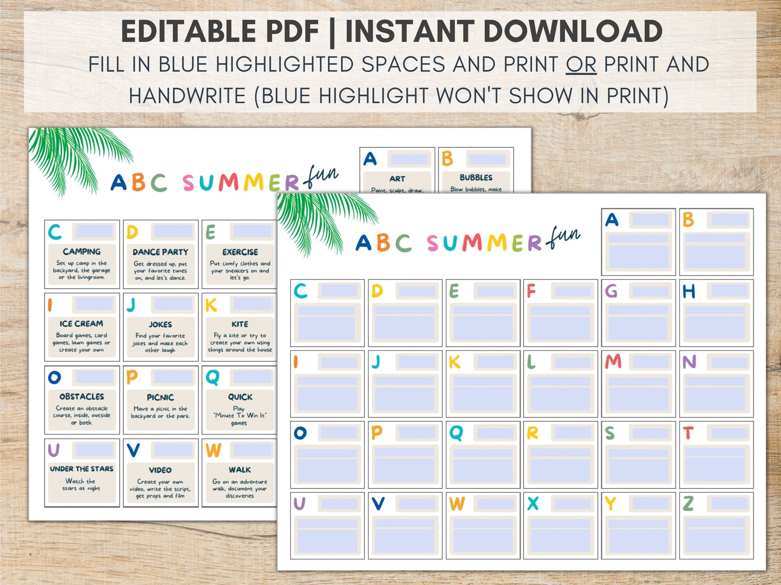 Editable Summer Activity Planner ABC Summer Calendar Summer - Etsy