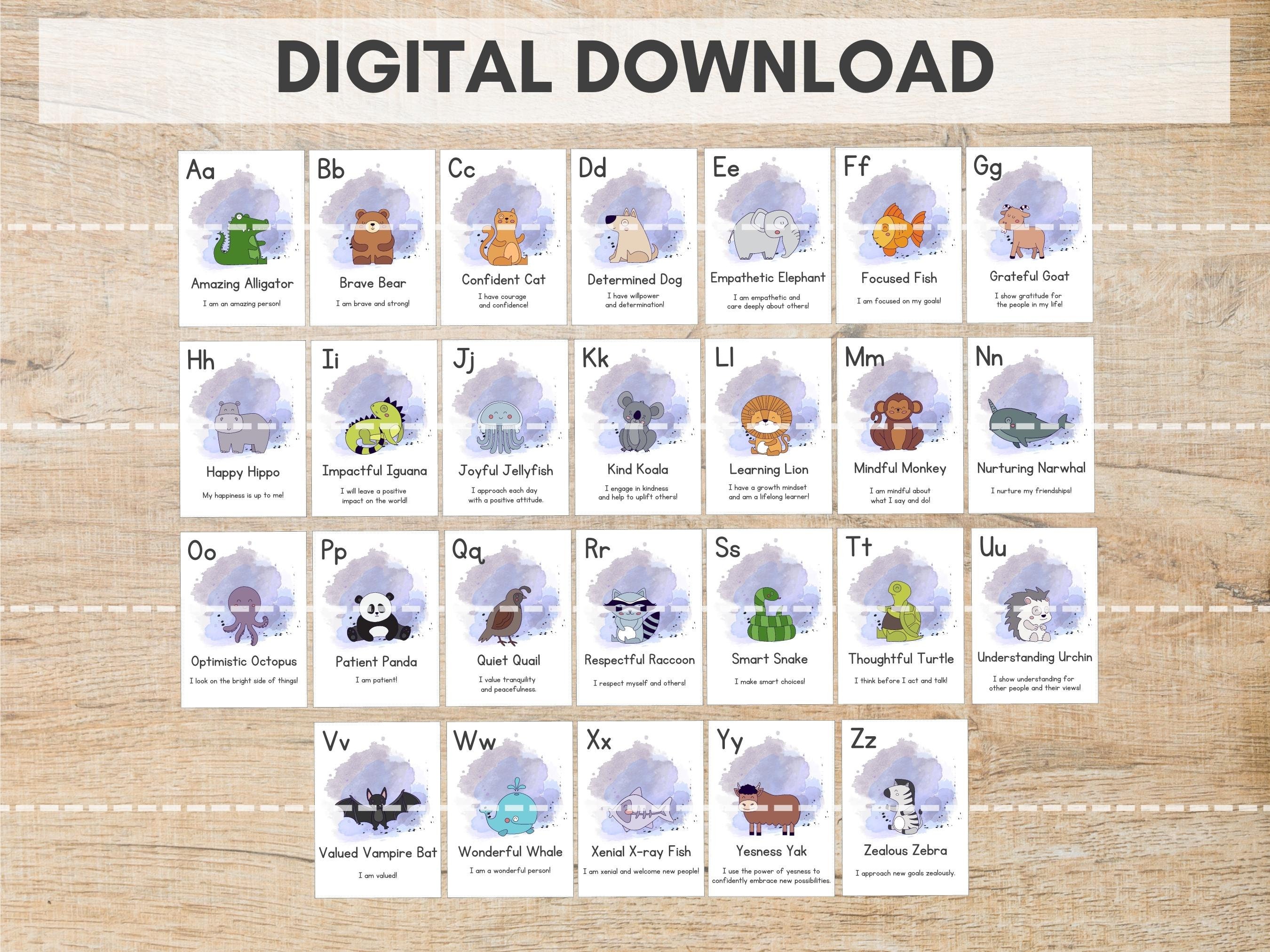 Mindfulness Alphabet Animal Cards, Affirmations for Kids, Preschool ...