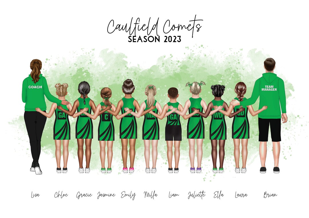 11 Person Child Personalised Netball Team Portrait Custom Coach Gift ...