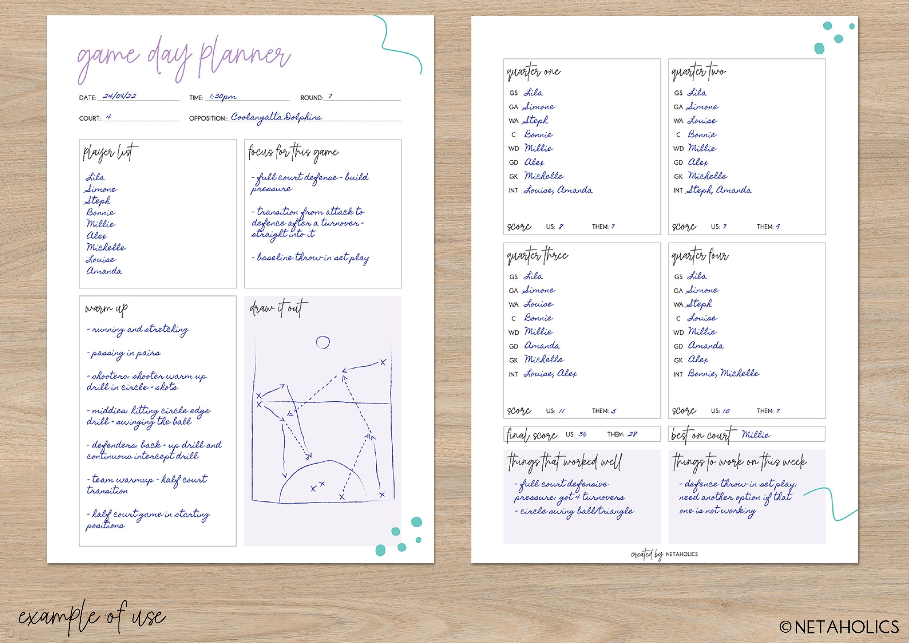 Netball Game Day Planner Coach Printable Netaholics - Etsy Australia