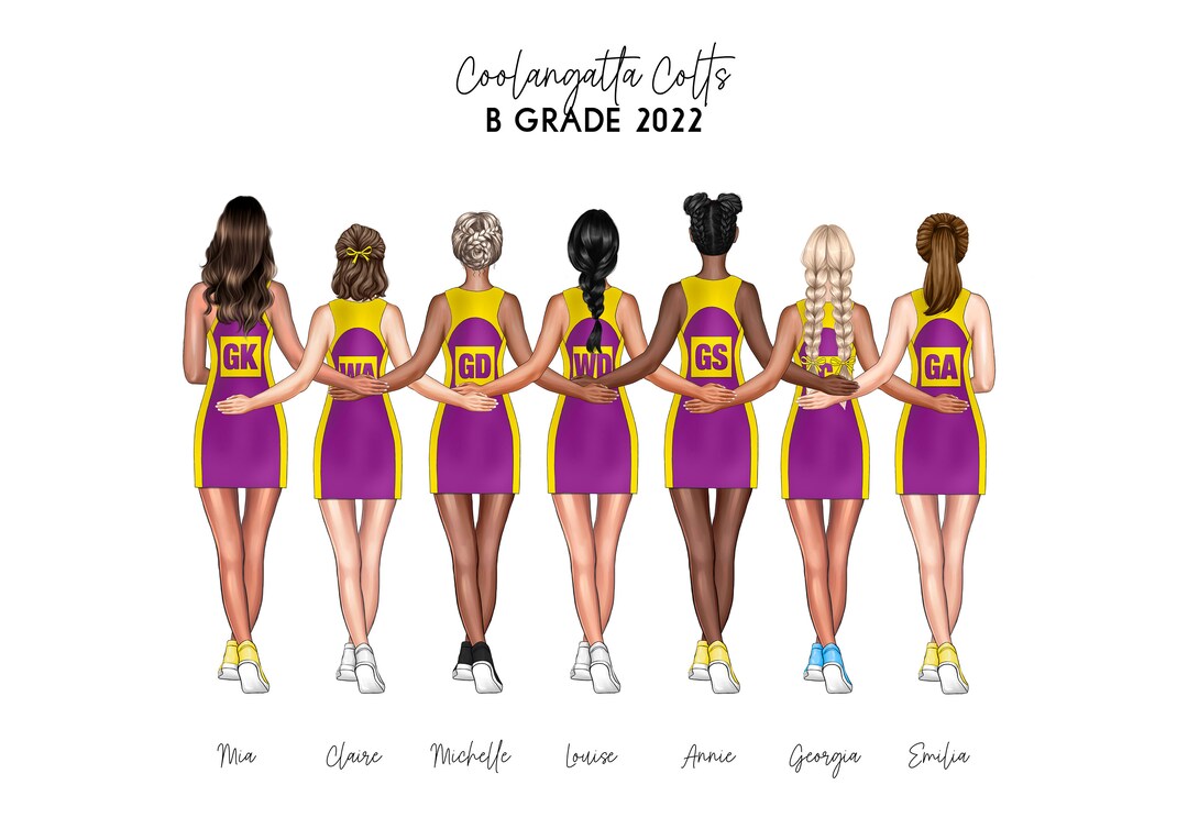 7 Person Personalised Netball Team Portrait Custom Coach Gift - DIGITAL ...