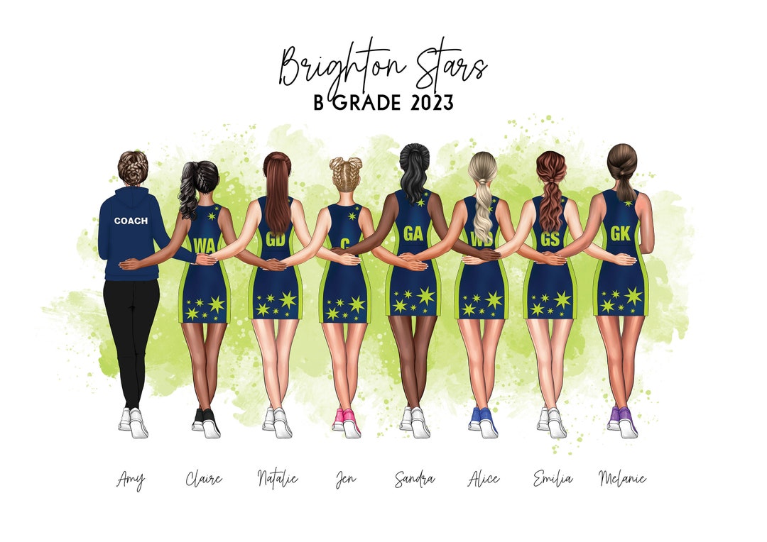 8 Person Personalised Netball Team Portrait Custom Coach Gift - DIGITAL ...